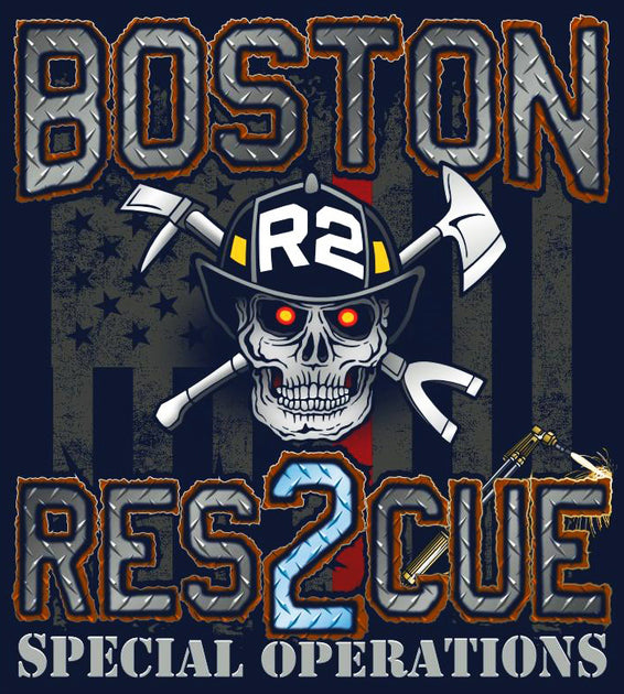 Boston Rescue 2 Skull & USA Flag Fire Tee | Eagle Emblems & Graphics